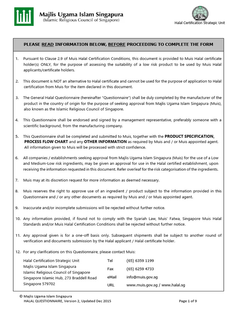 Halal - Questionnaire V2 (Updated Dec 2015) | PDF | Foods | Food Industry