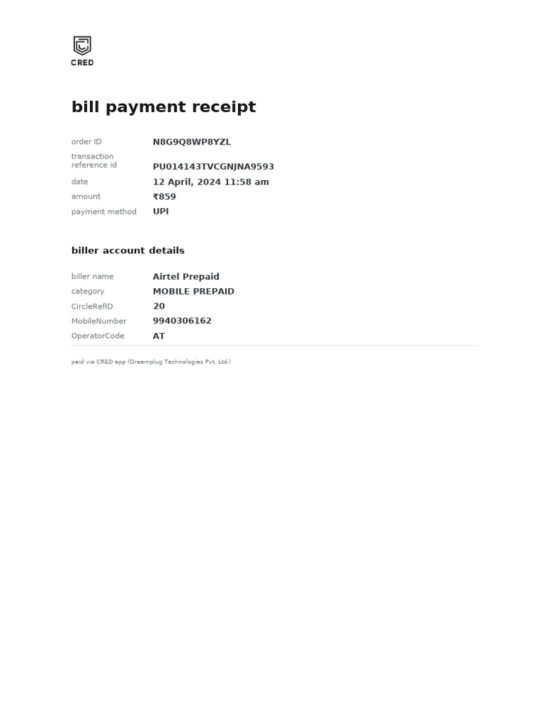 Bill Payment Receipt: N8G9Q8WP8YZL PU014143TVCGNJNA9593 12 April, 2024 ...
