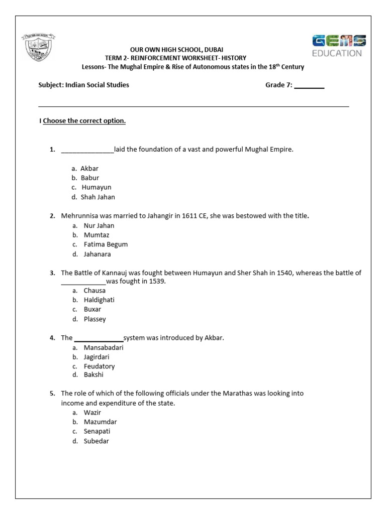 Term 2-Indian SST Reinforcement Worksheet History | PDF | Mughal Empire