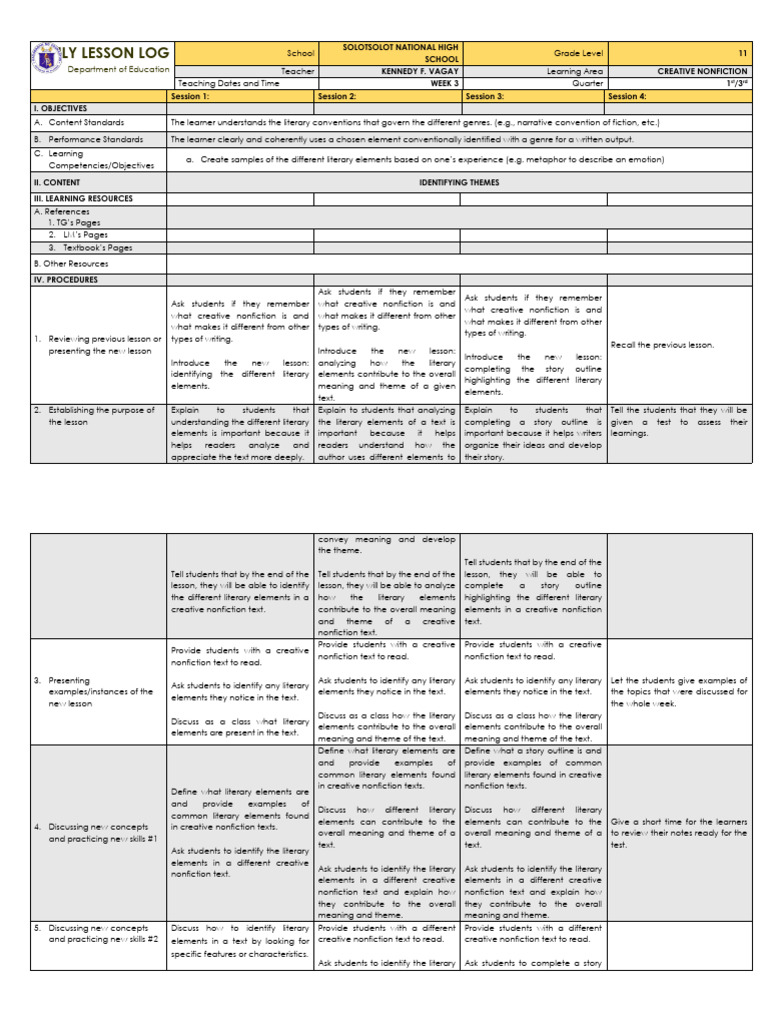 Week 3 Creative Nonfiction Lesson Plan | PDF | Creative Nonfiction | Essays