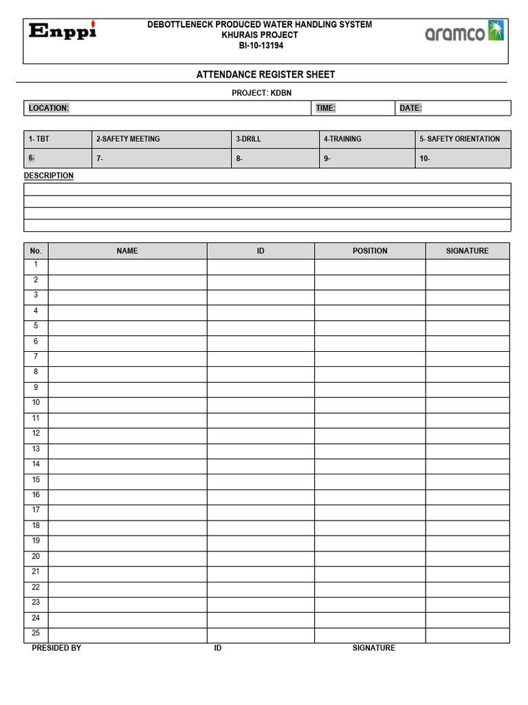 61-Safety Attendance Register Sheets | PDF