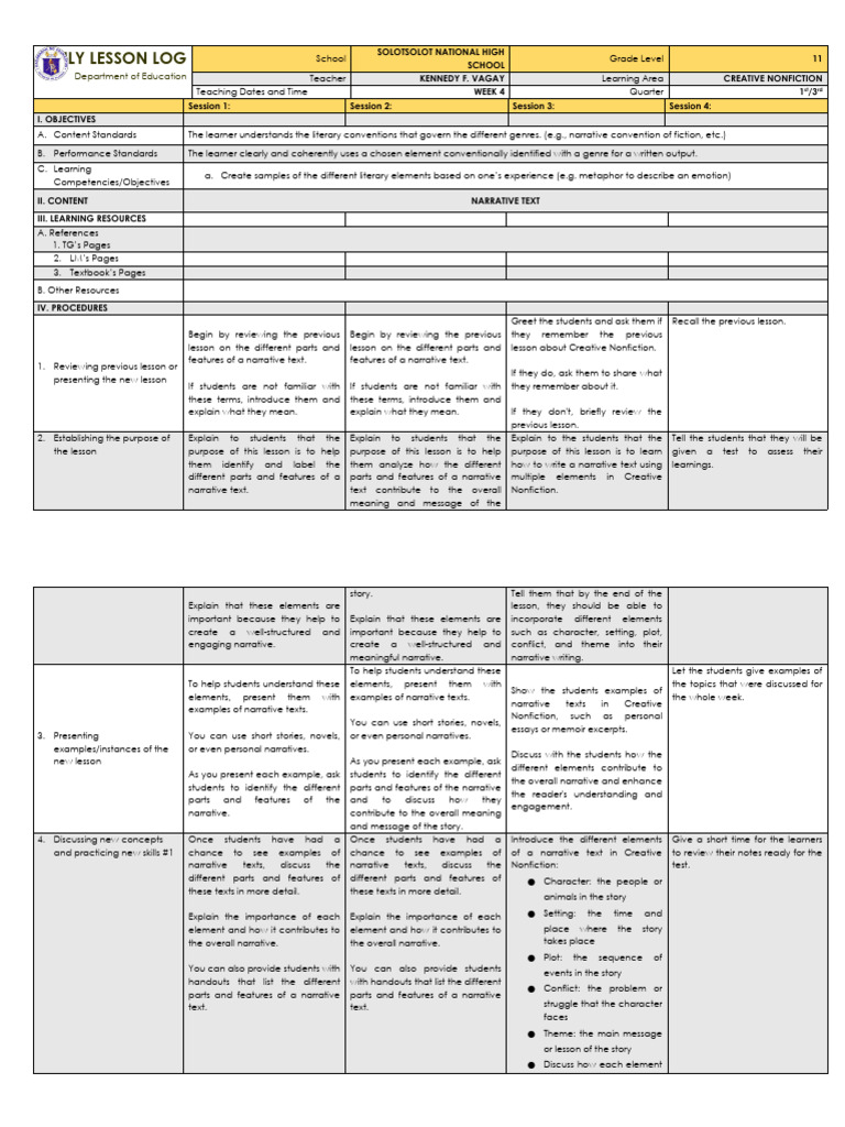 Grade 11 Creative Nonfiction Lesson Plan | PDF | Narrative | Essays