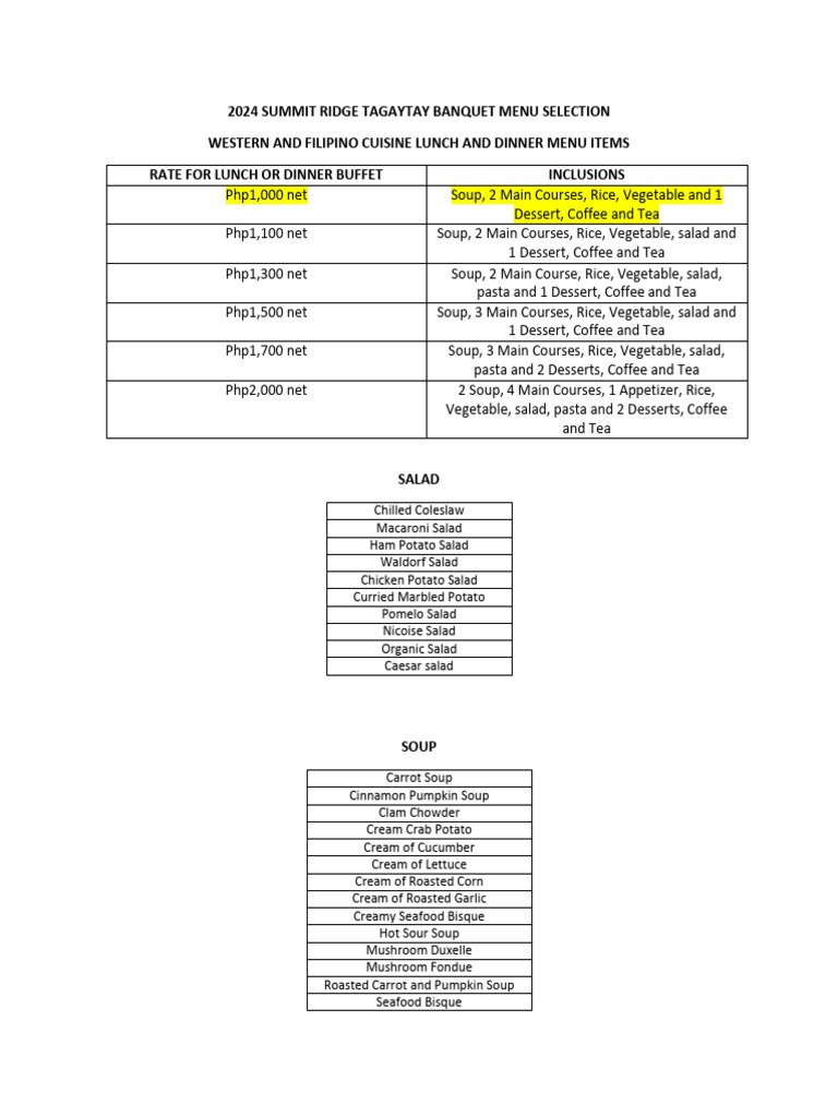 2024 Summit Ridge Tagaytay Menu Options | PDF | Salad | Soup