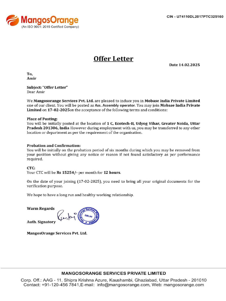 Mobase Offer Letter | PDF