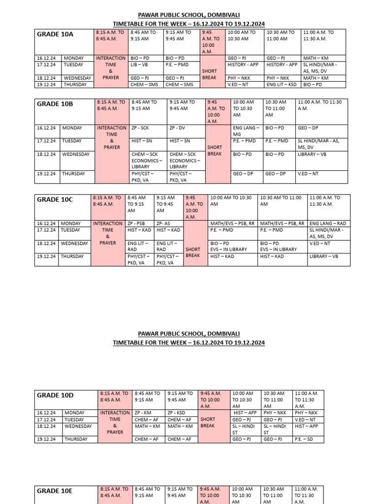 Timetable - 16 12 24 To 19 12 24 | PDF