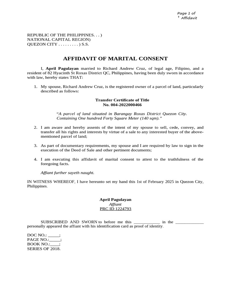 Sample Affidavit of Marital Consent | PDF