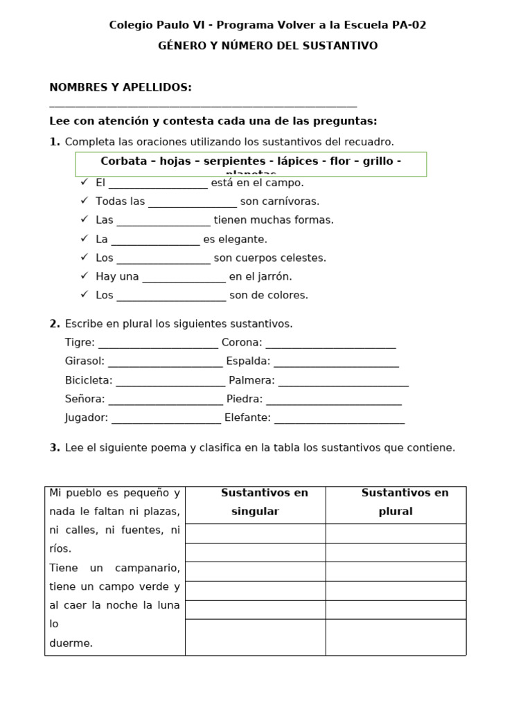 Ejercicios de Sustantivos para Estudiantes | PDF | Sustantivo