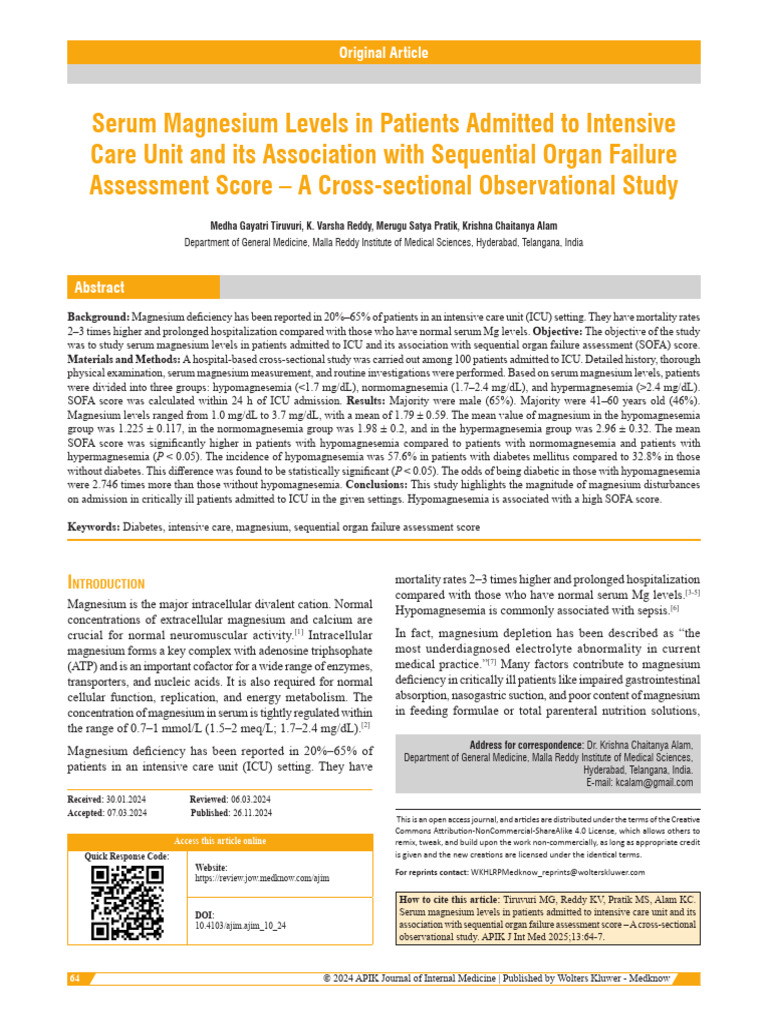 Magnesium Levels and SOFA in ICU Patients | PDF | Medicine | Health Care