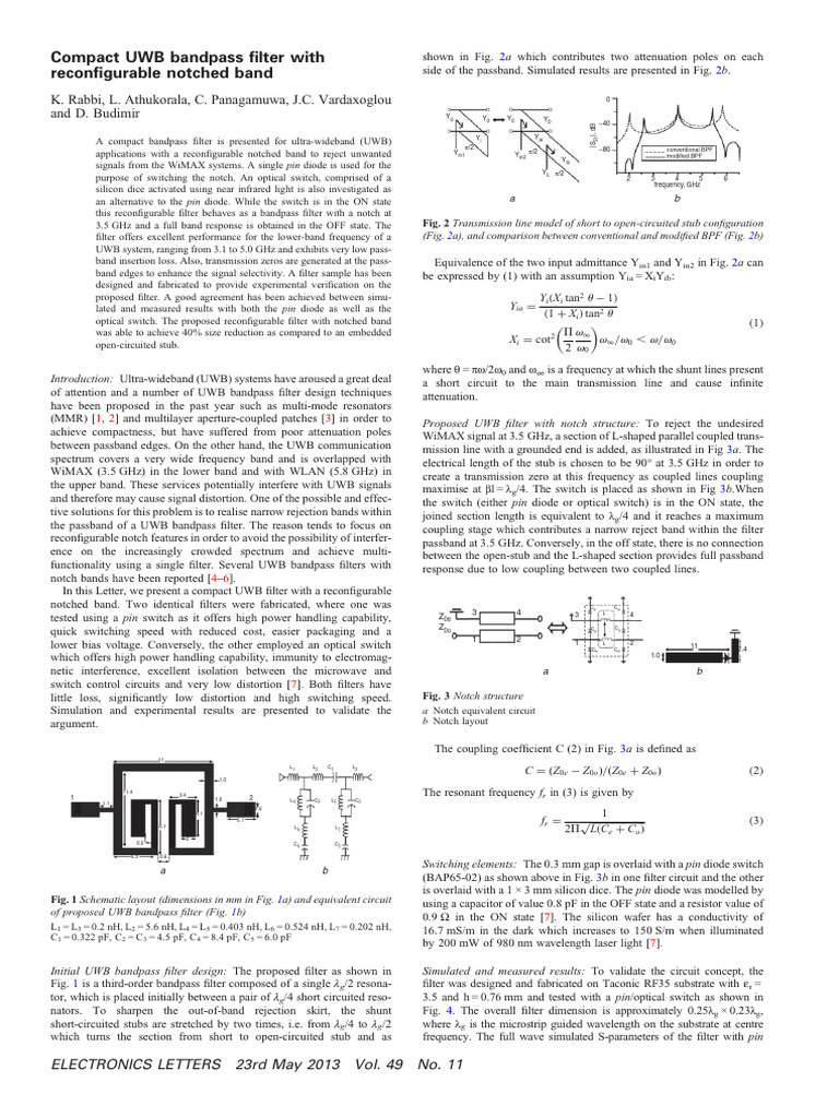Electronics Letters - 2013 - Rabbi - Compact UWB bandpass filter with reconfigurable notched ...