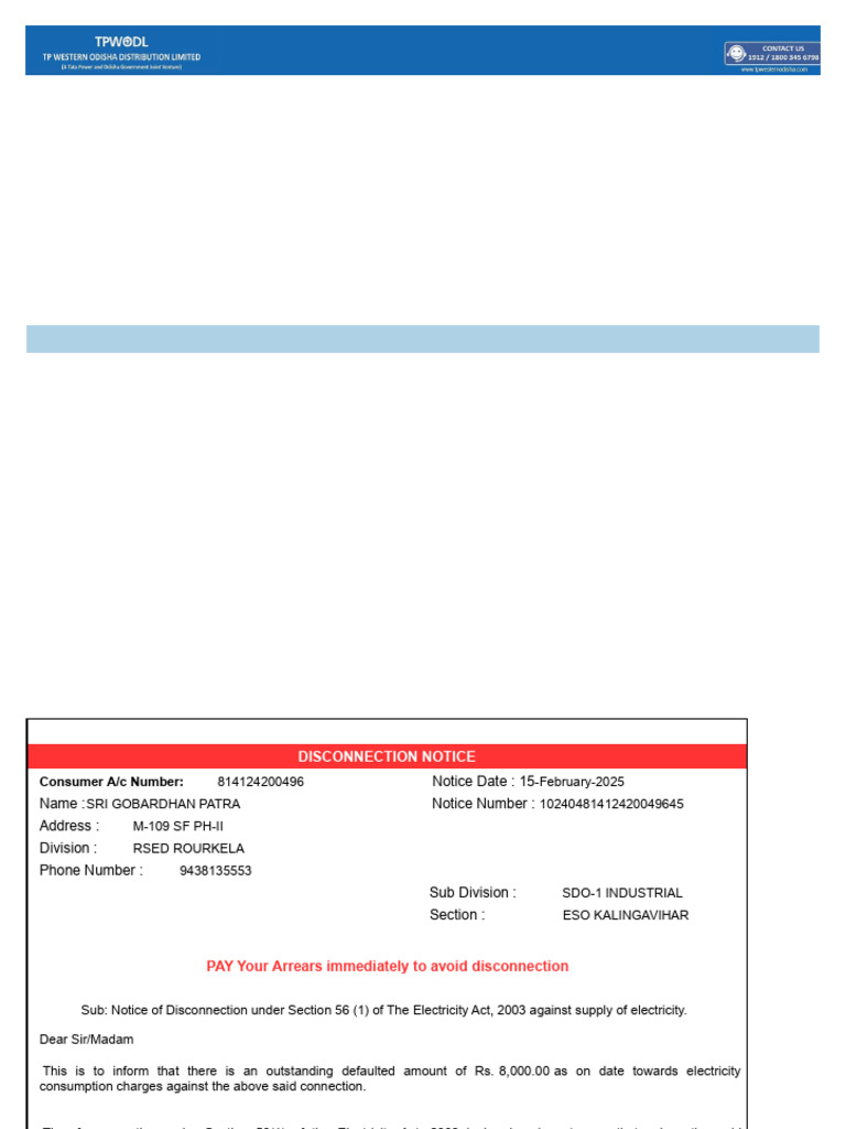 Disconnection Notice - TPWODL | PDF | Receipt | Fee