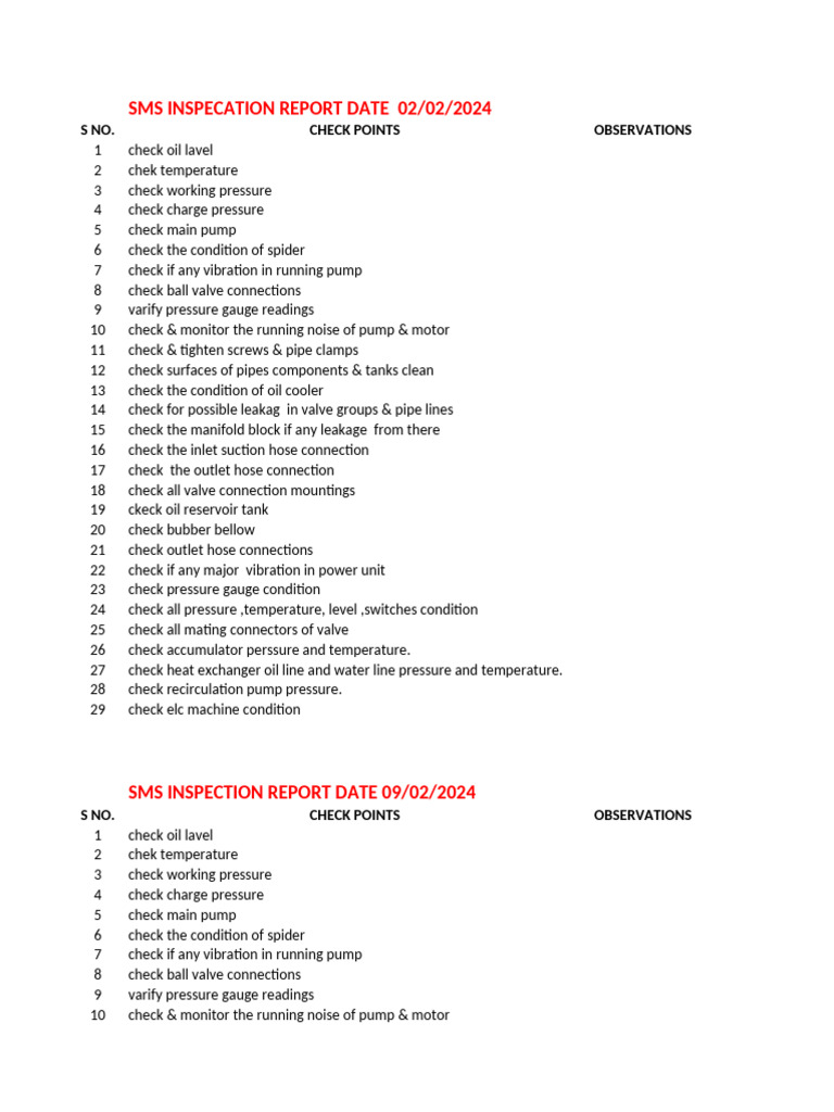 SMS Inspection Report 08-09 | PDF | Pump | Valve