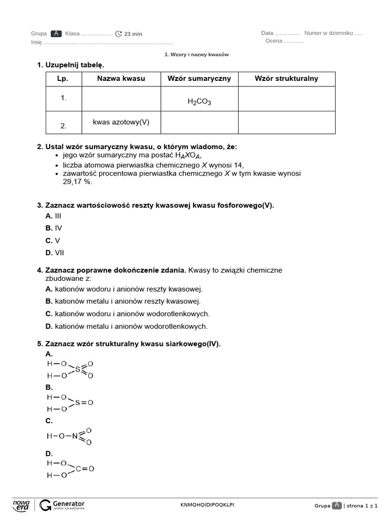 1. Wzory i Nazwy Kwasów Test – SPE (2) | PDF