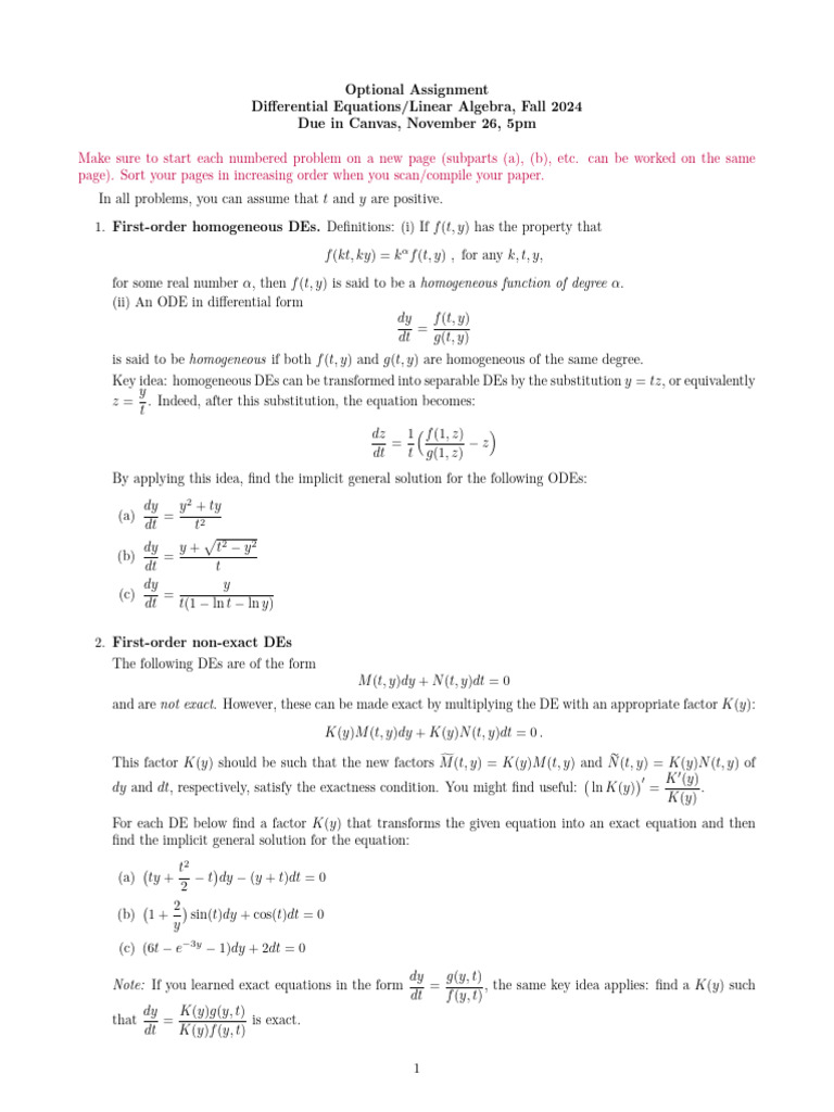 DE OA Fall24 Corrected 1 | PDF | Ordinary Differential Equation | Equations