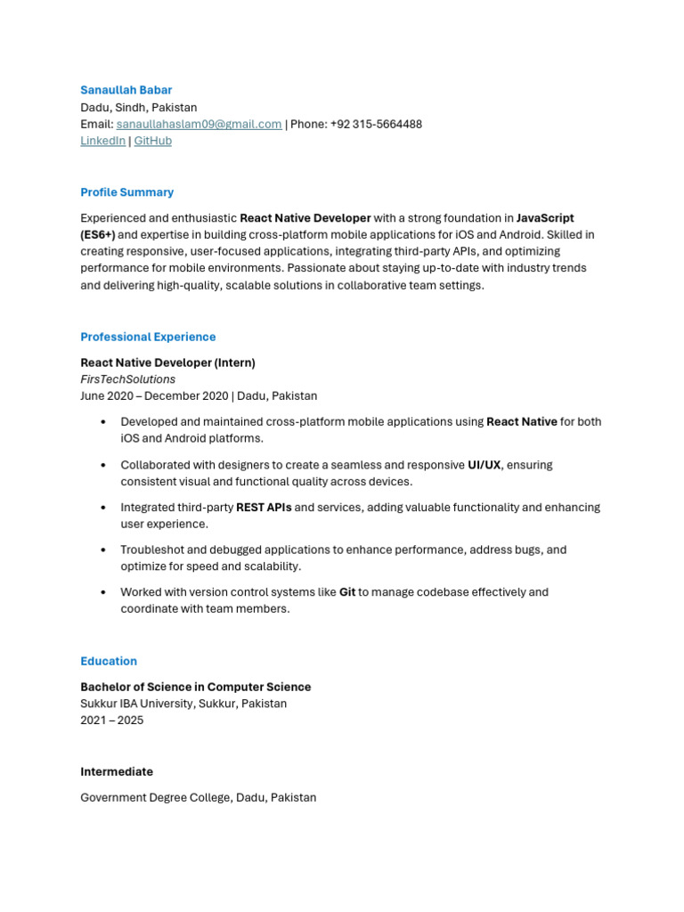 Sanaullah Babar React Native | PDF | Mobile App | Cross Platform Software