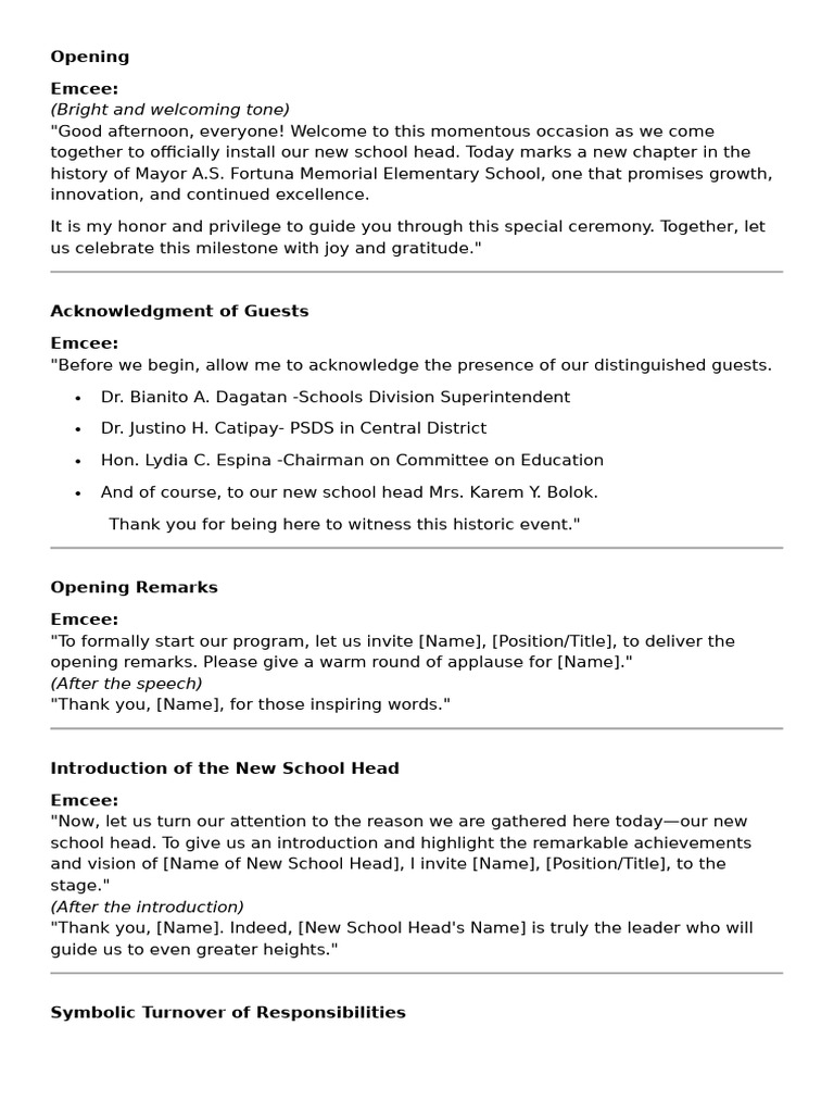 Emcee Script Installation of New School Head | PDF