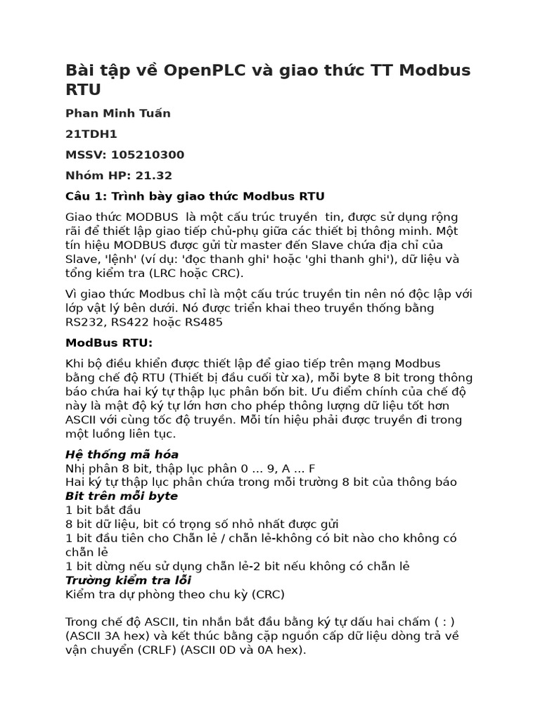 Bài tập về OpenPLC và giao thức TT Modbus RTU | PDF