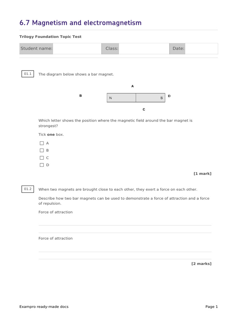 Magnetism and Electromagnetism Test | PDF | Magnet | Electromagnetism