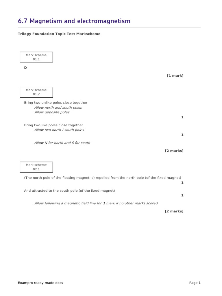 Magnetism and Electromagnetism Test Markscheme | PDF | Magnet | Magnetism