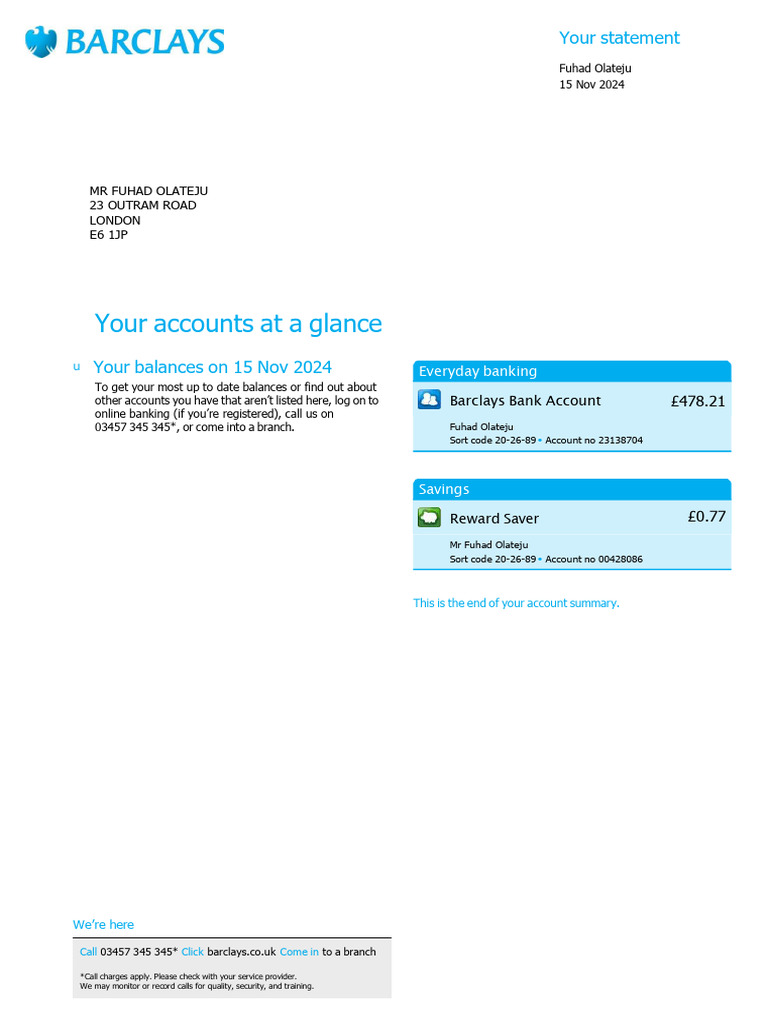 Barclays Bank Account Statement Summary | PDF | Overdraft | Debit Card