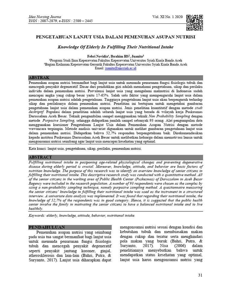 Penelitian Pengetahuan Lansia TTG Asupan Nutrisi 2020 | PDF