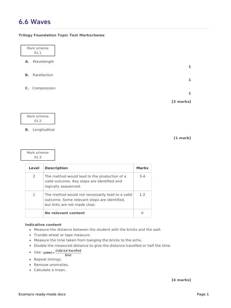 Wave Speed Exam Mark Scheme | PDF | Waves | Frequency