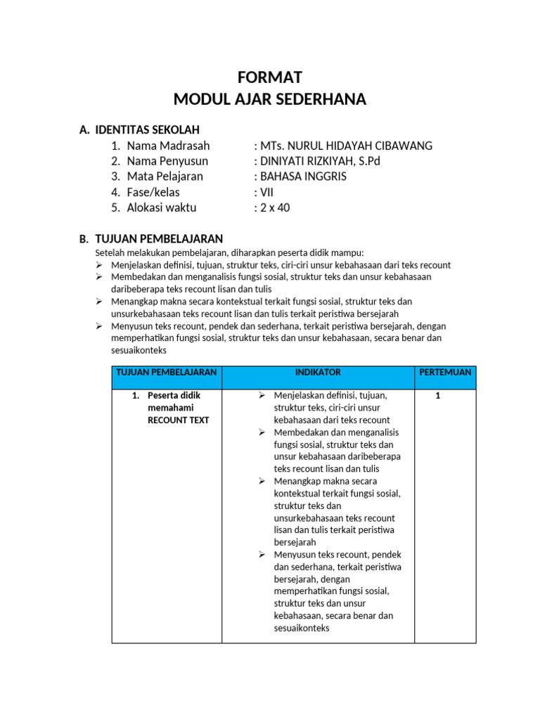 Modul Ajar Sederhana Bahasa Inggris | PDF