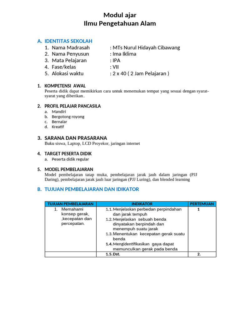 Modul Ajar IPA Kelas VII MTs Nurul Hidayah | PDF