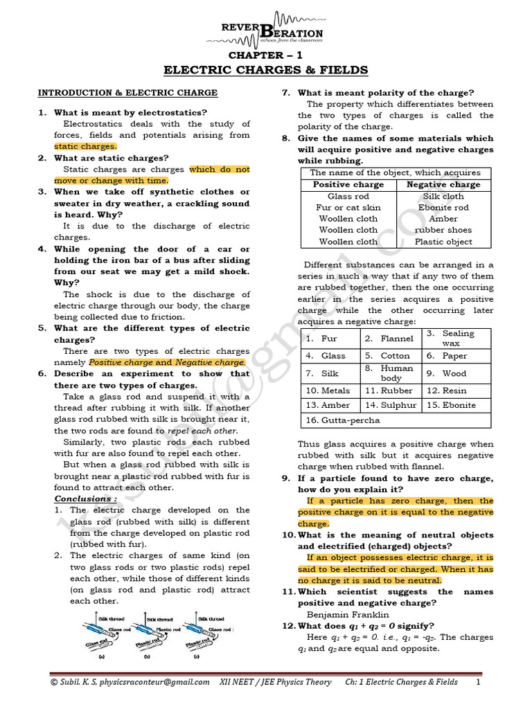 CH 1 Electric Charges and Fields Final Theory Copy 0.3.02.2024 4 PM | PDF | Electric Charge ...