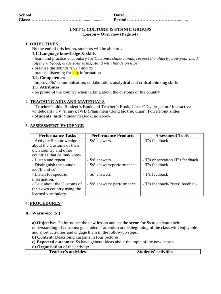 Culture and Customs Lesson Plan | PDF | Human Communication | Cognition