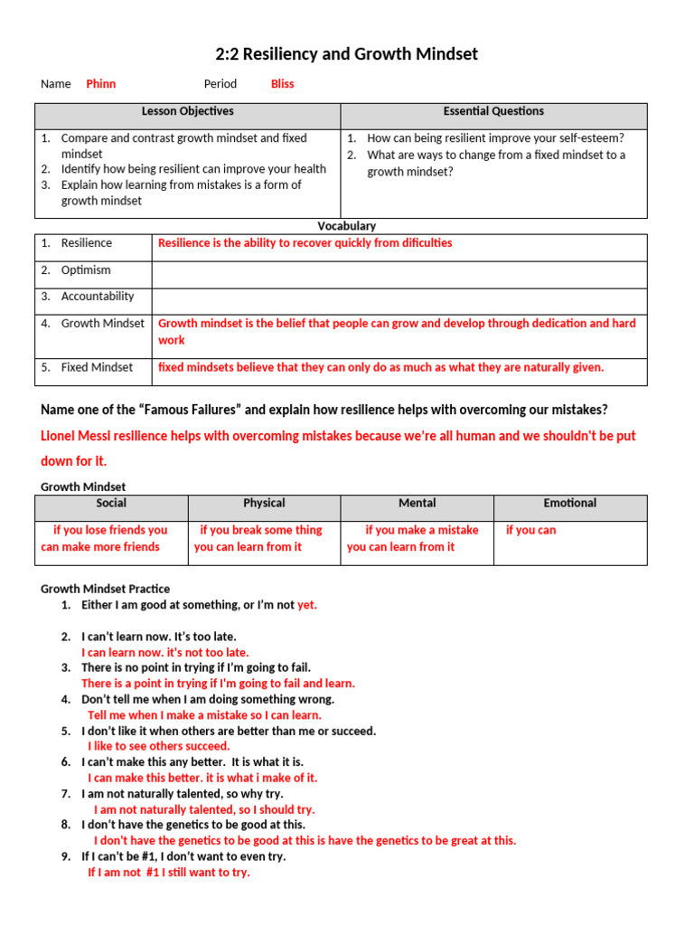 2.2 Growth Mindset - Fill in | PDF | Mindset | Psychological Resilience