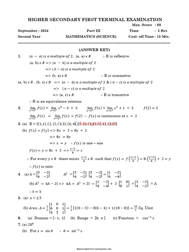 Mathematics Exam Answer Key 2024 | PDF | Mathematics