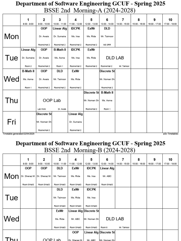 GCUF Software Engg Timetables | PDF