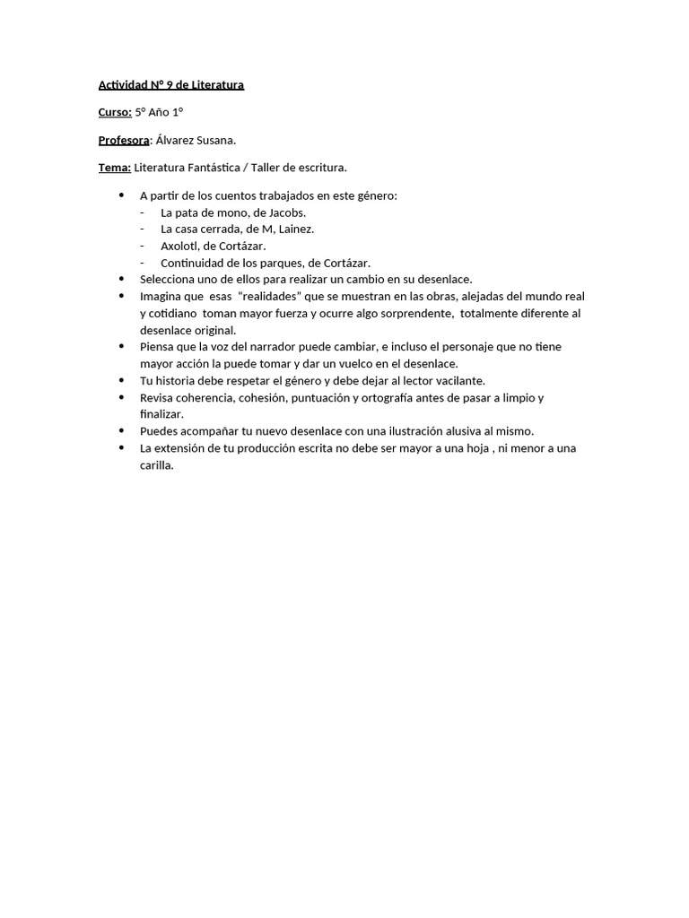 Actividad N°9 De Literatura De 5° Año Pdf