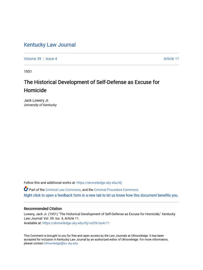 Historical Self-Defense in Homicide Law | PDF | Insanity Defense ...