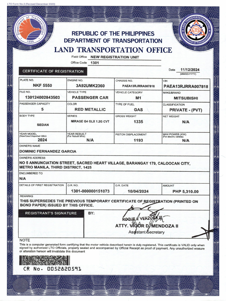 Official Receipt LTO | PDF