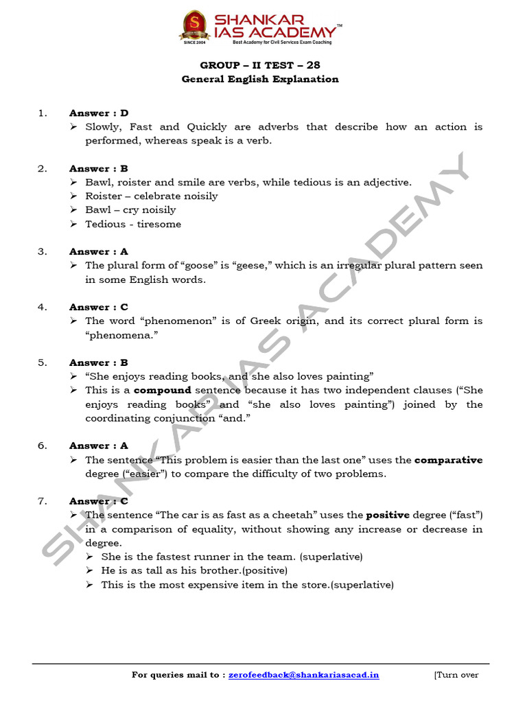 Group II Test - 28 General English Explanations | PDF | Verb | Adjective
