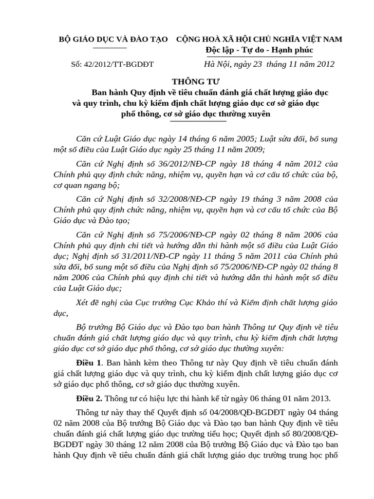 Thong Tu Kiem Dinh Chat Luong Giao Duc | PDF