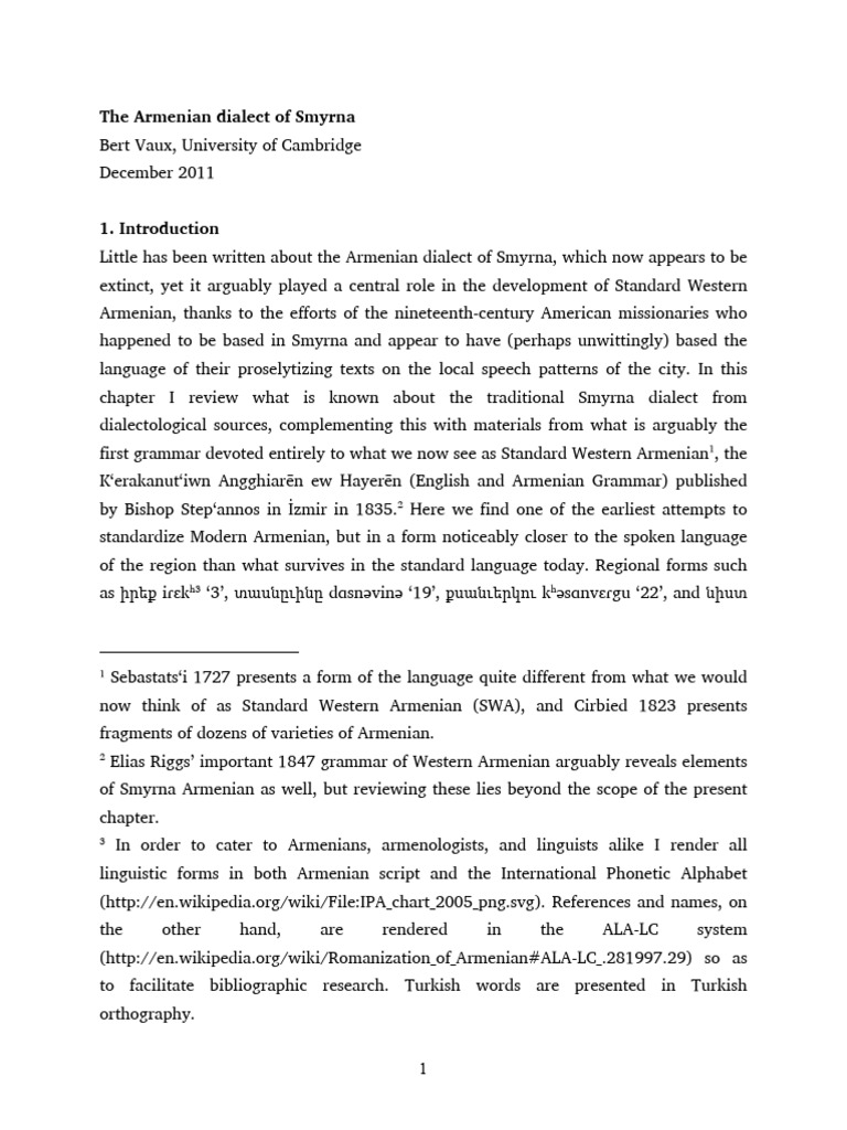The Armenian dialect of Smyrna | PDF | Linguistics | Language Families