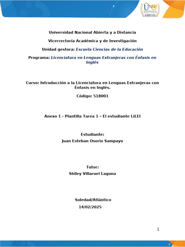 Anexo 1 - Plantilla Tarea 1 El Estudiante LiLEI | PDF | Enseñando ...