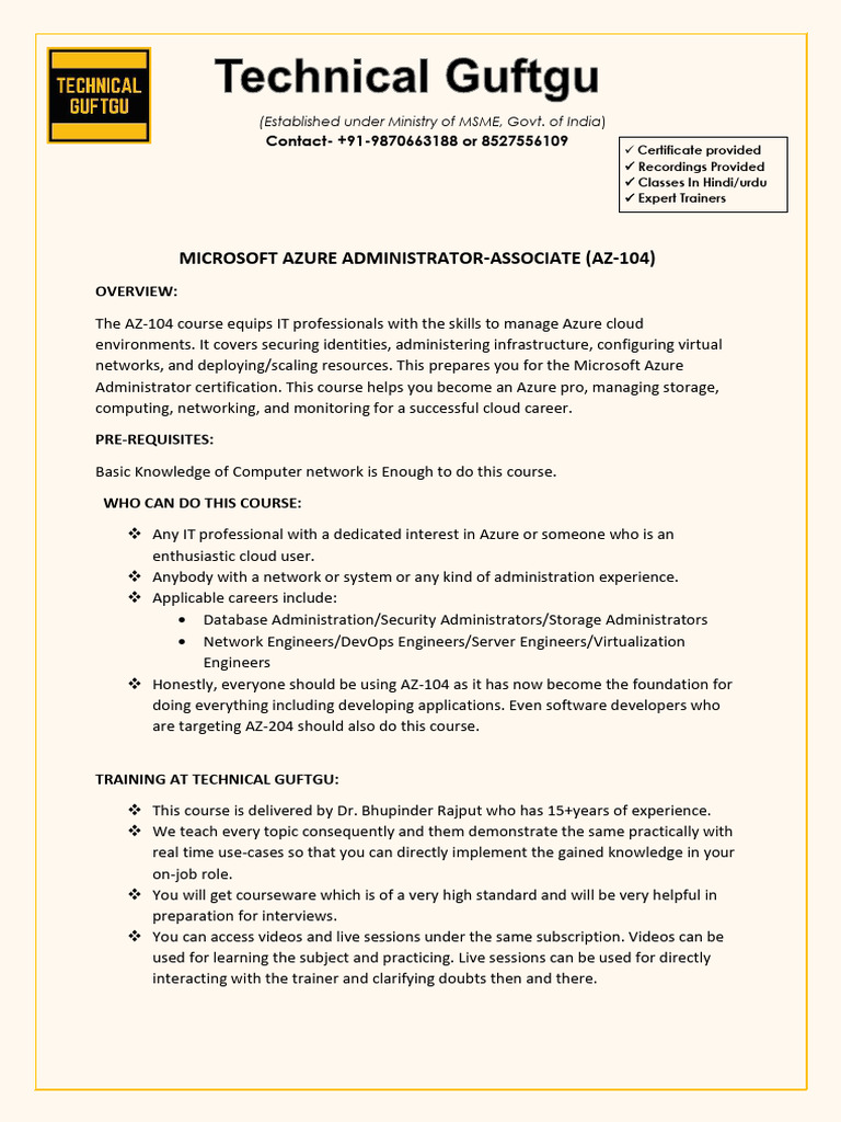 Azure Administrator AZ-104 Course Details | PDF | Microsoft Azure ...