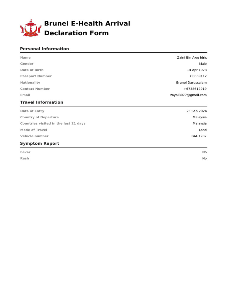 Brunei E-Health Arrival Declaration | PDF