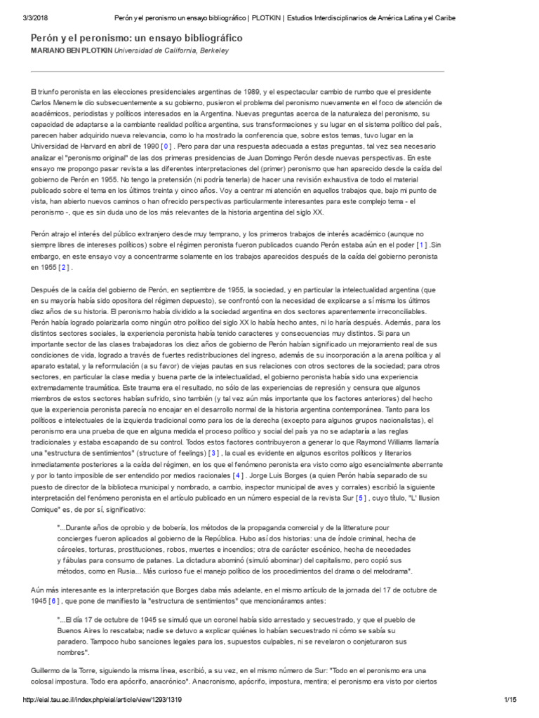 PLOTKIN [2018] Perón y el peronismo un ensayo bibliográfico | PDF | Ideologías | Populismo