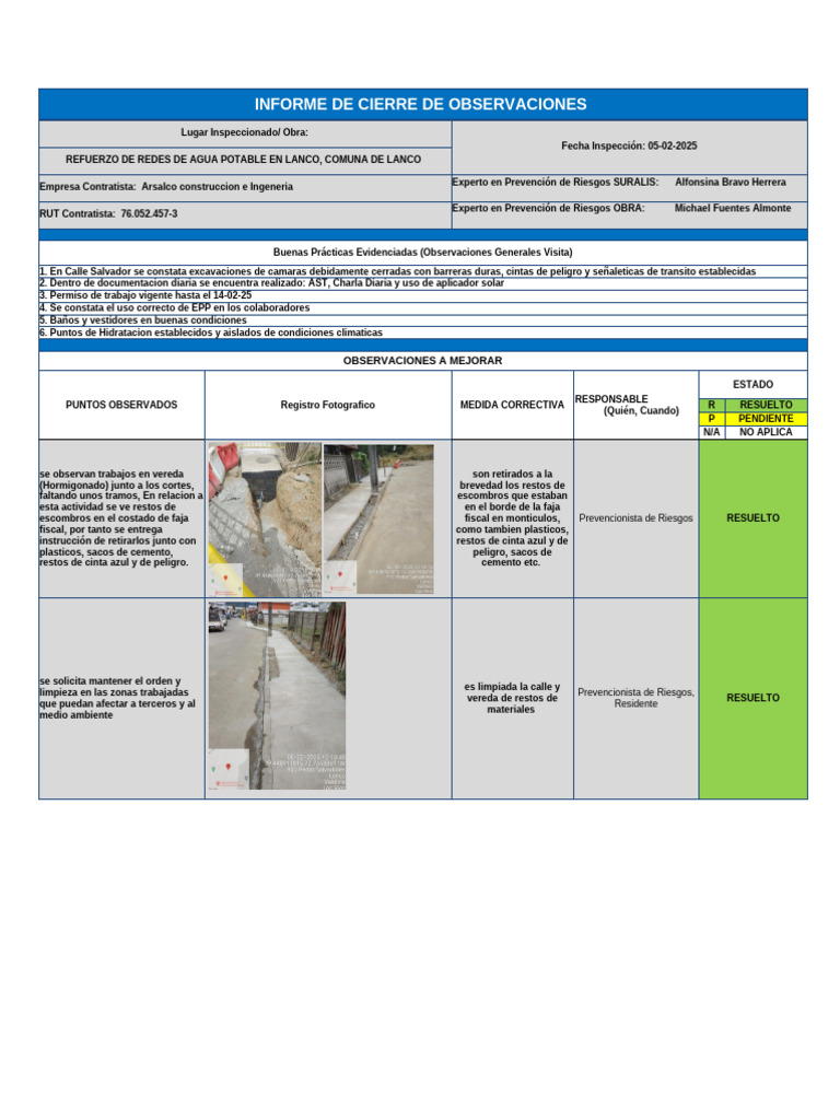 Informe Levantamiento Obs Obra Refuerzo AP Lanco FEB 25 | PDF