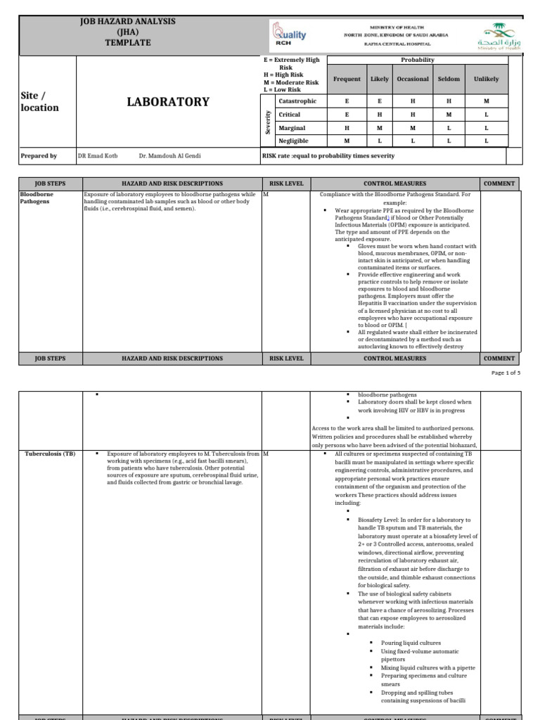 Laboratory Job Hazard Analysis Template | PDF | Formaldehyde | Tuberculosis