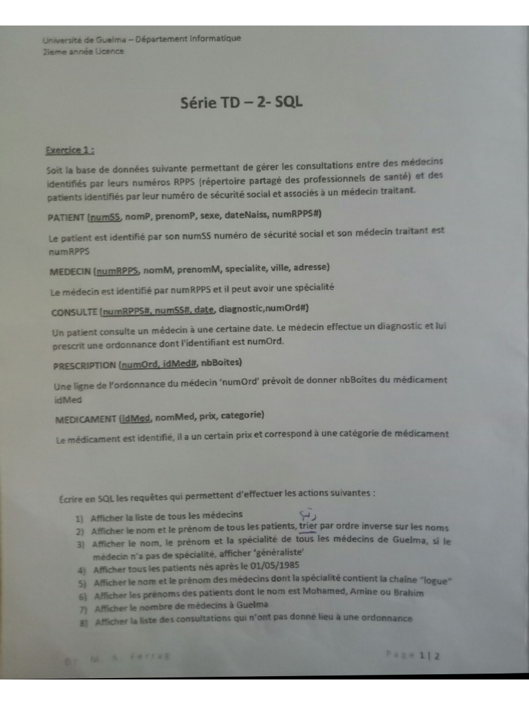 Serie TD 02 Module BDD Univ Guelma Promo 2017-2018 | PDF