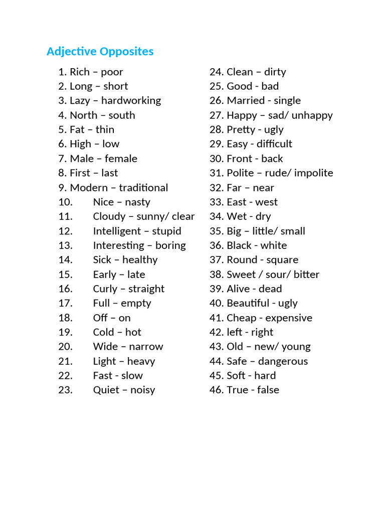 Adjective Opposites | PDF