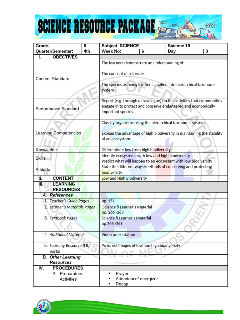 Grade: 8 Subject: SCIENCE Science 10 Quarter/Semester: 4th Week No: 6 Day 3 I. Obectives | PDF ...
