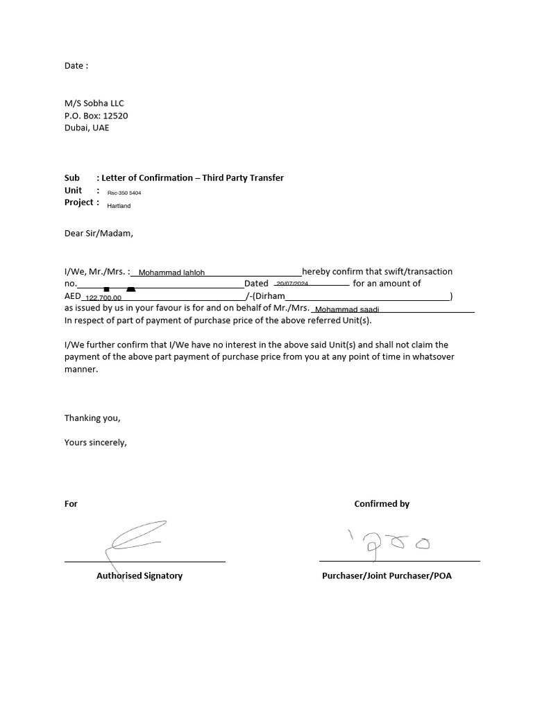 Third Party Confirmation - Telegraphic Transferpayment-converted | PDF