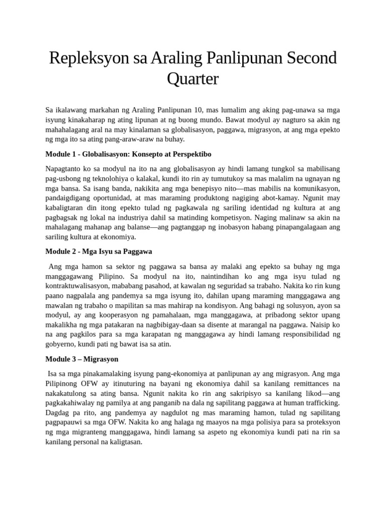Repleksyon Sa AP 10 2nd QTR | PDF