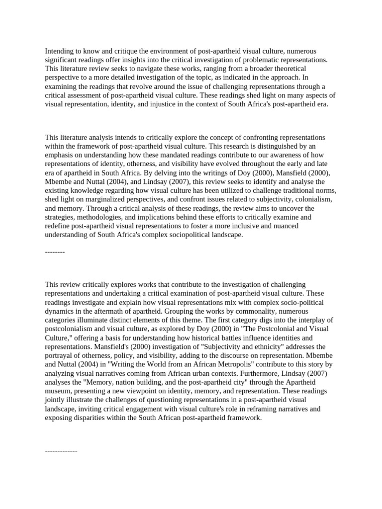 Literature Review: Challenging Representations in Post-Apartheid Visual ...